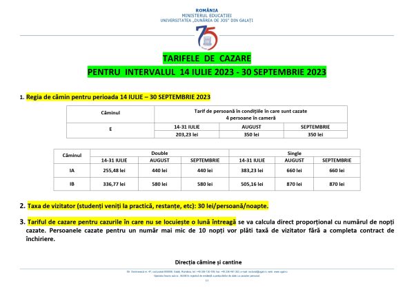 Tarife – Campusul Studențesc Galați